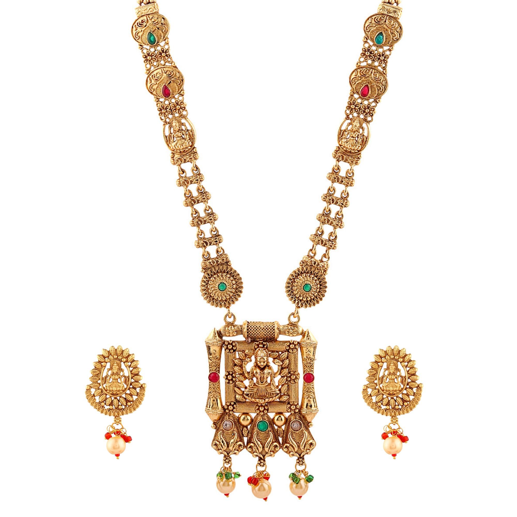 Buy Mansiyaorange Matte Gold Maa Lakshmi Motif Kempu Stone Necklace ...
