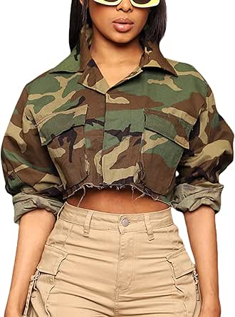 Yimoon Camo Jacket Women Cropped Army Fatigue Jacket Crop Camouflage ...