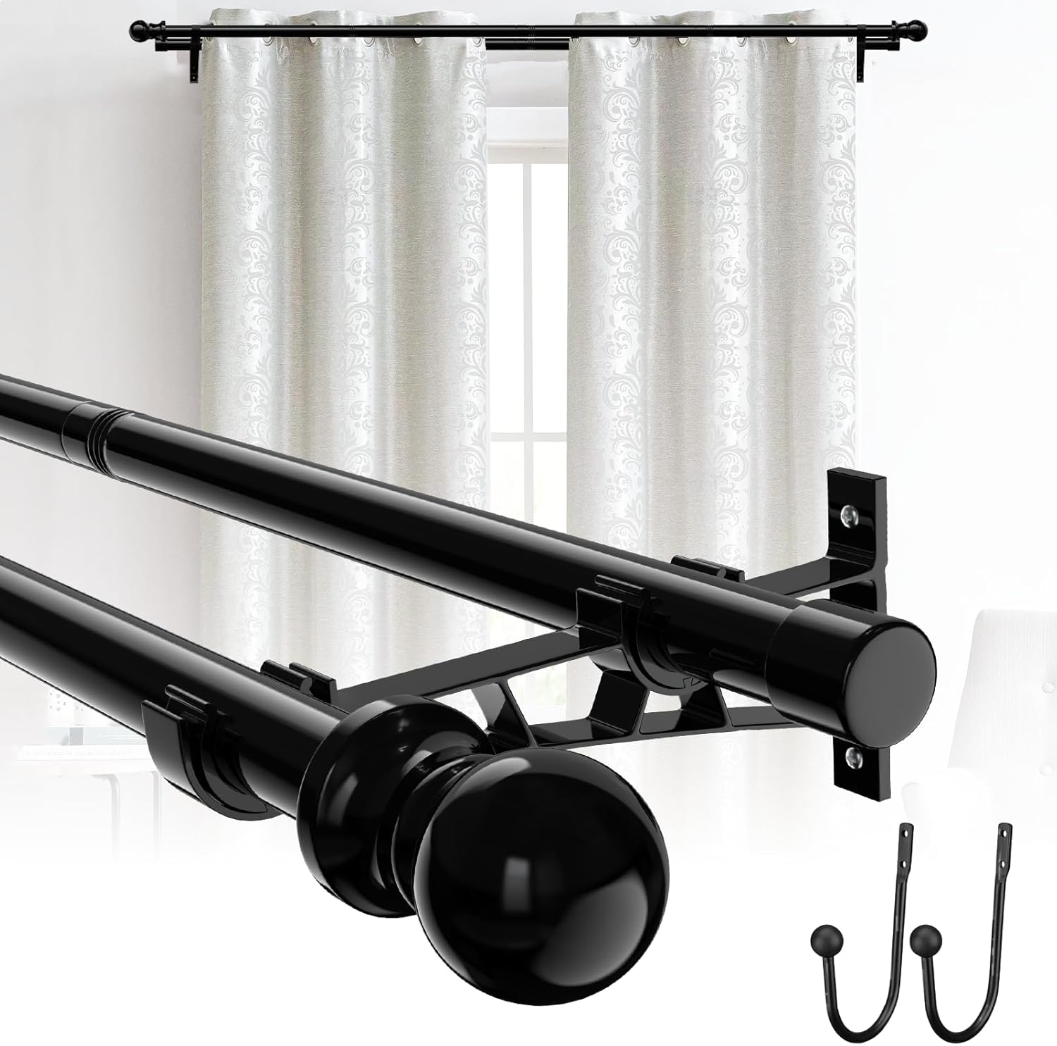 Amazon.com: Double Curtain Rods 30-65Inch, 1 Inch Diameter Dual Heavy ...