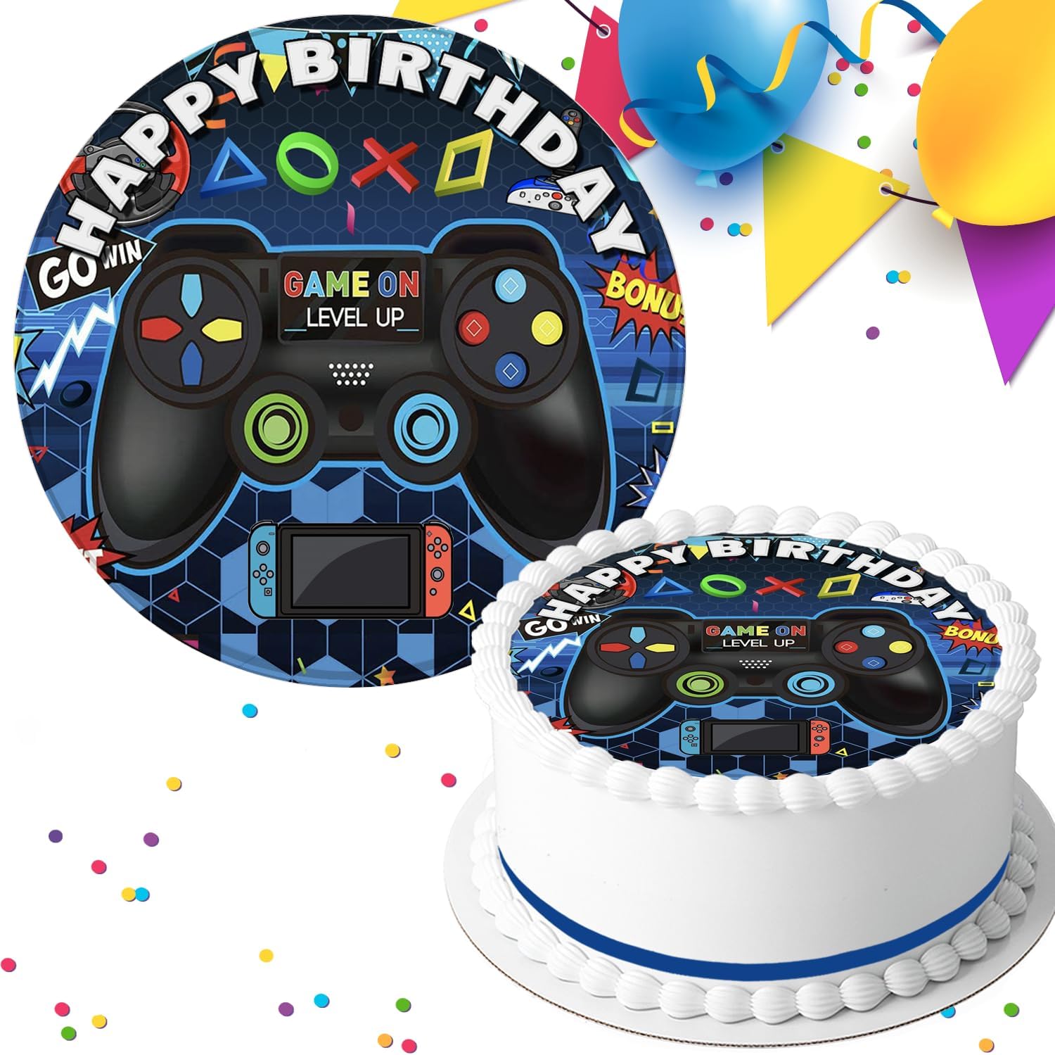 Gaming Controller Happy Birthday Pre-Cut 7.5 Inch Edible Icing Cake ...