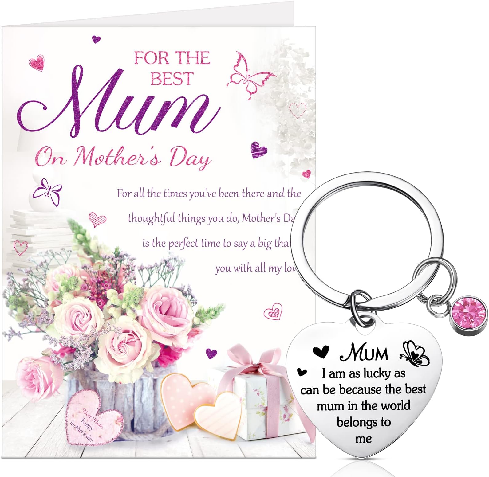 Mother's Day Card with Mum Keyring Heart Envelope Mum Gifts Flower ...