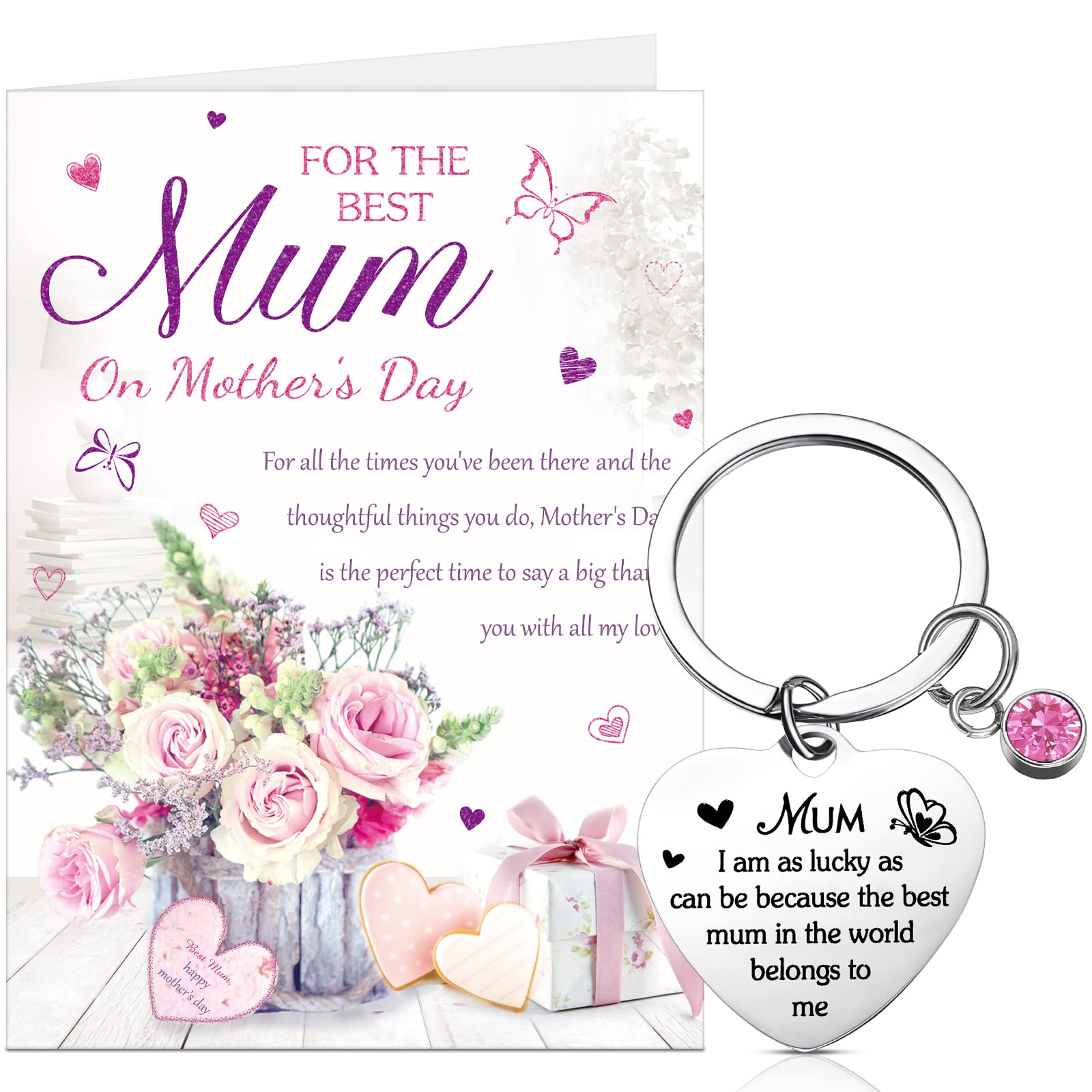 Mother's Day Card with Mum Keyring Heart Envelope Mum Gifts Flower ...