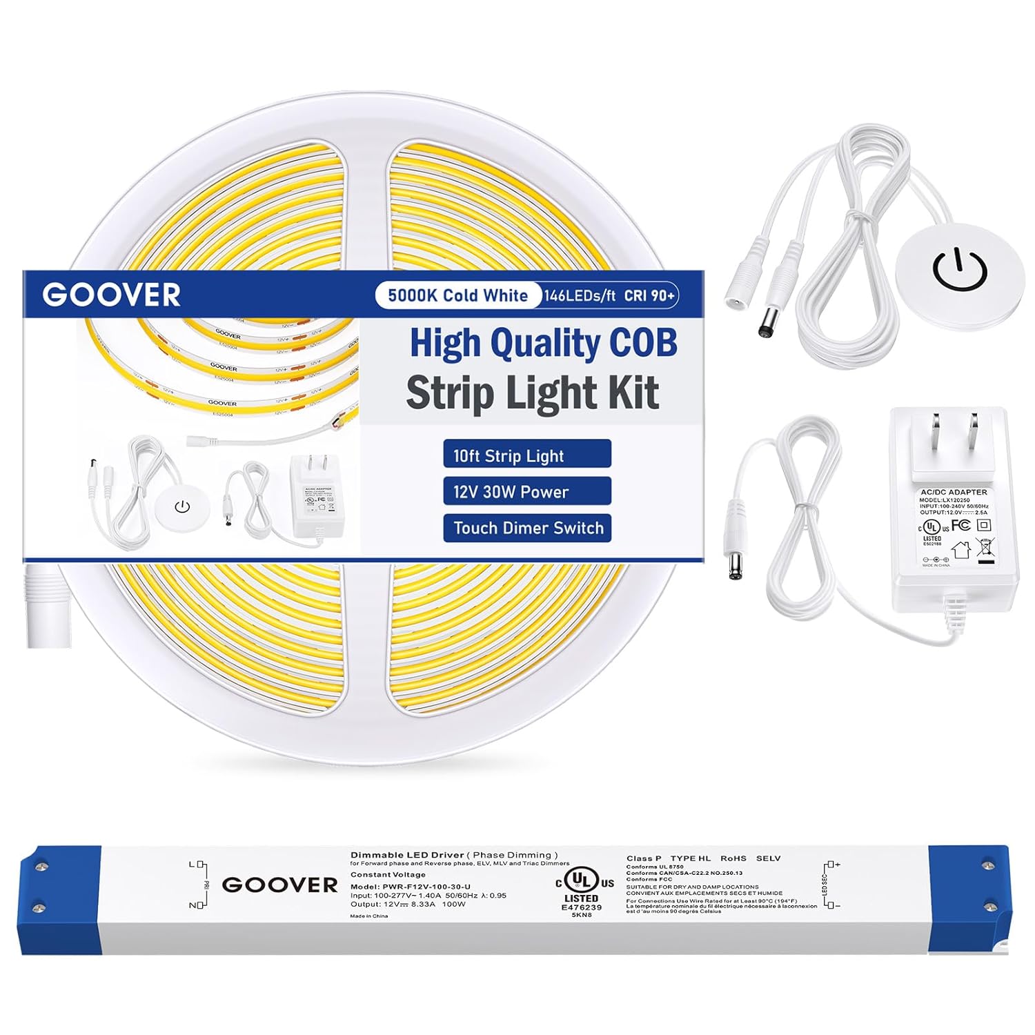 GOOVER 100W Traic Dimmable LED Driver,Power Supply 100-277V AC to 12V ...