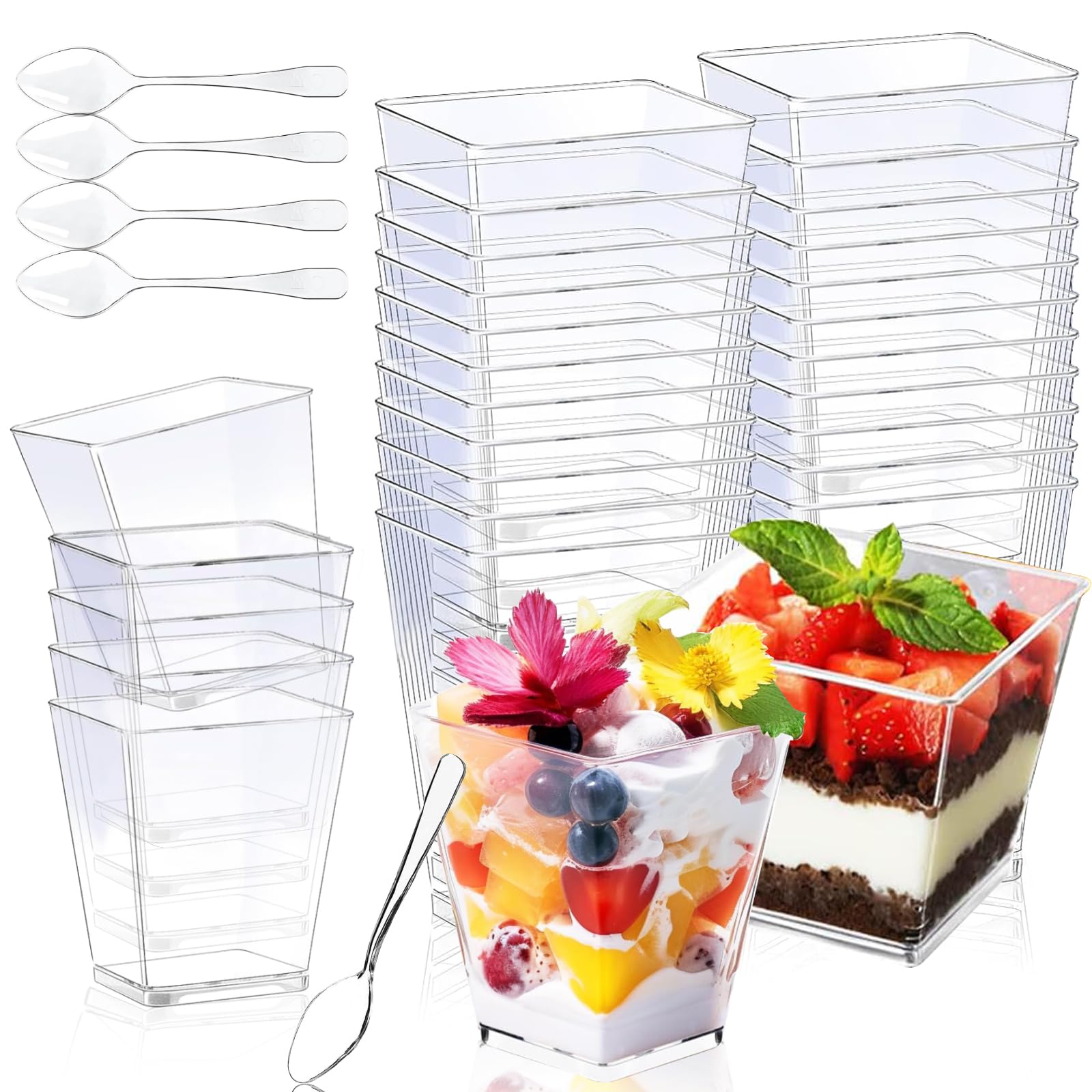 50 Pack Dessert Cups with Spoons, 4oz/120ml Clear Hard Plastic Mini ...