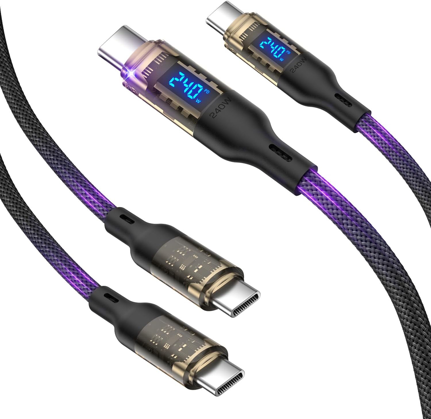 VisionSync 240W USB C to USB C Transparent Cable with LED Display ...