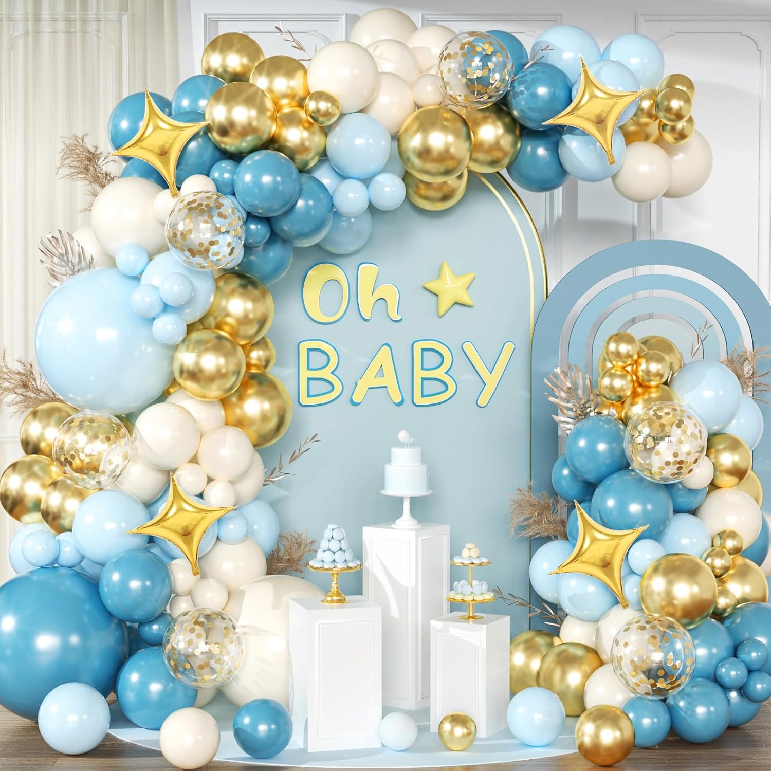 Amazon.com: Dusty Baby Blue and Gold Balloon Arch Garland Kit 151Pcs Slate Fog Baby Blue Sand ...