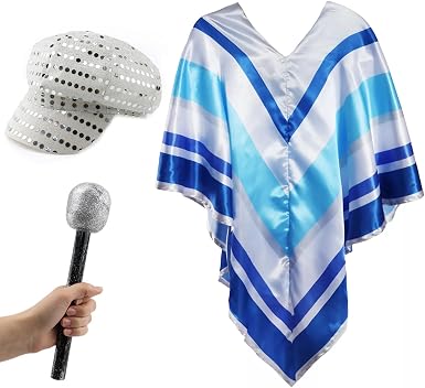 70s Disco Pop Star Costume – Blue Poncho, Silver Sequin Hat & Glitter ...
