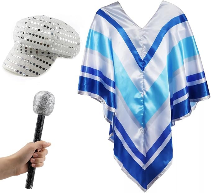 70s Disco Pop Star Costume – Blue Poncho, Silver Sequin Hat & Glitter ...