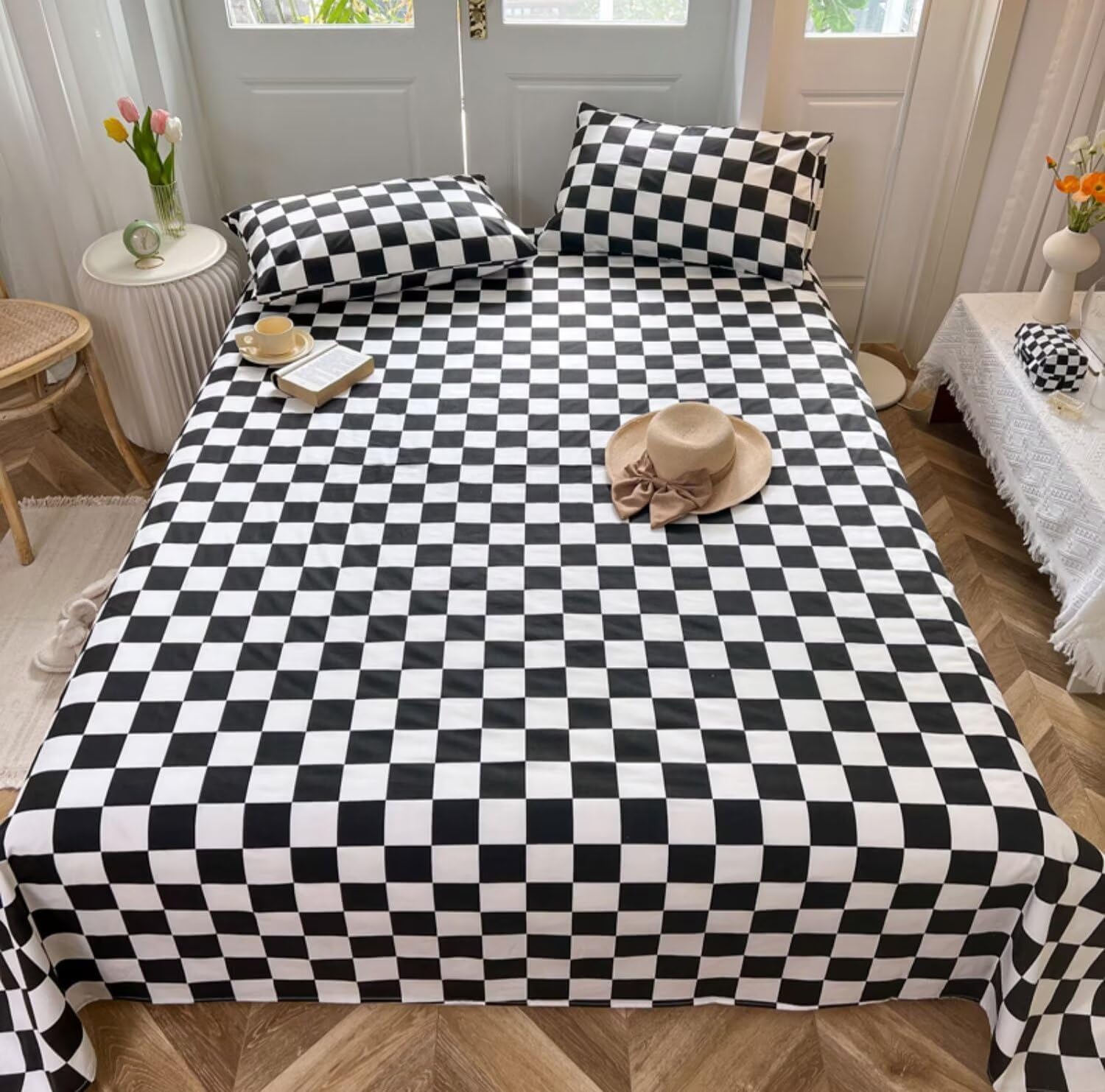 Amazon.com: Houseri Black and White Plaid Sheet Sets Full Black ...