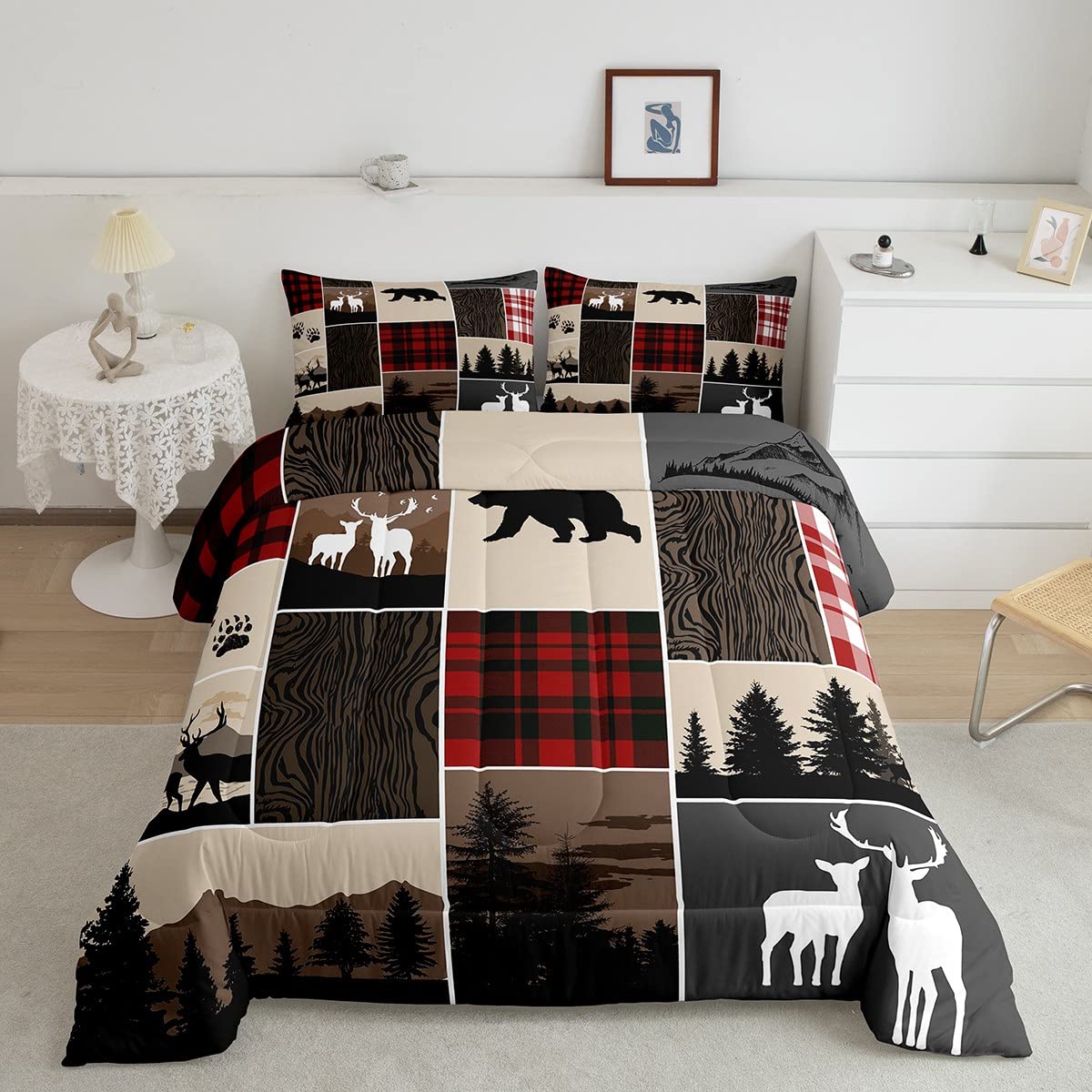 Amazon.com: Buffalo Plaid Comforter Set for Boys Girls, Woodland Moose ...