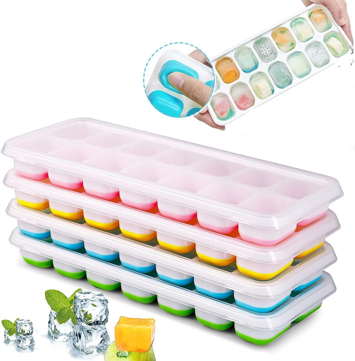 Ice Cube Trays 4 Pack, Reusable Silicone Ice Tray with Lid 14-Ice Cube ...