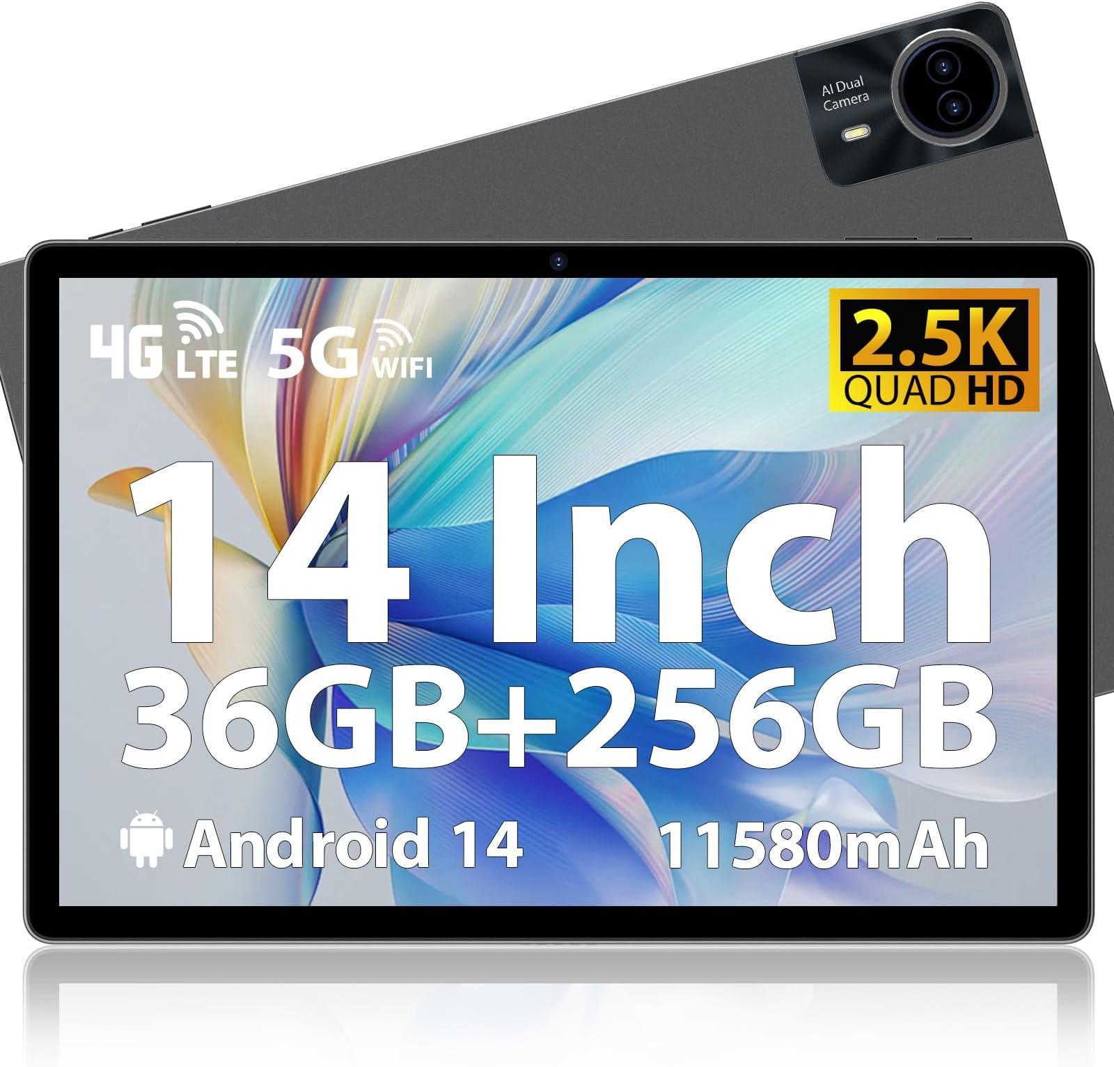 FASTWD Tablet 14 pollici Android 14 Tablet 5G WiFi/Octa-Core, 36 GB RAM + 256 GB ROM (1 TB TF ...