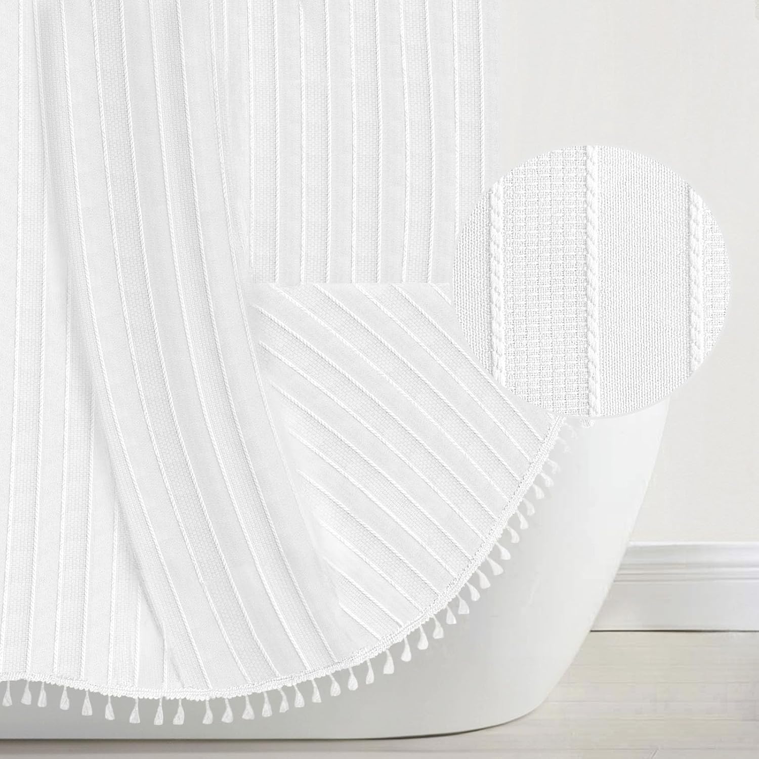 Amazon.com: Seasonwood White Fabric Shower Curtain Boho Chic Striped ...