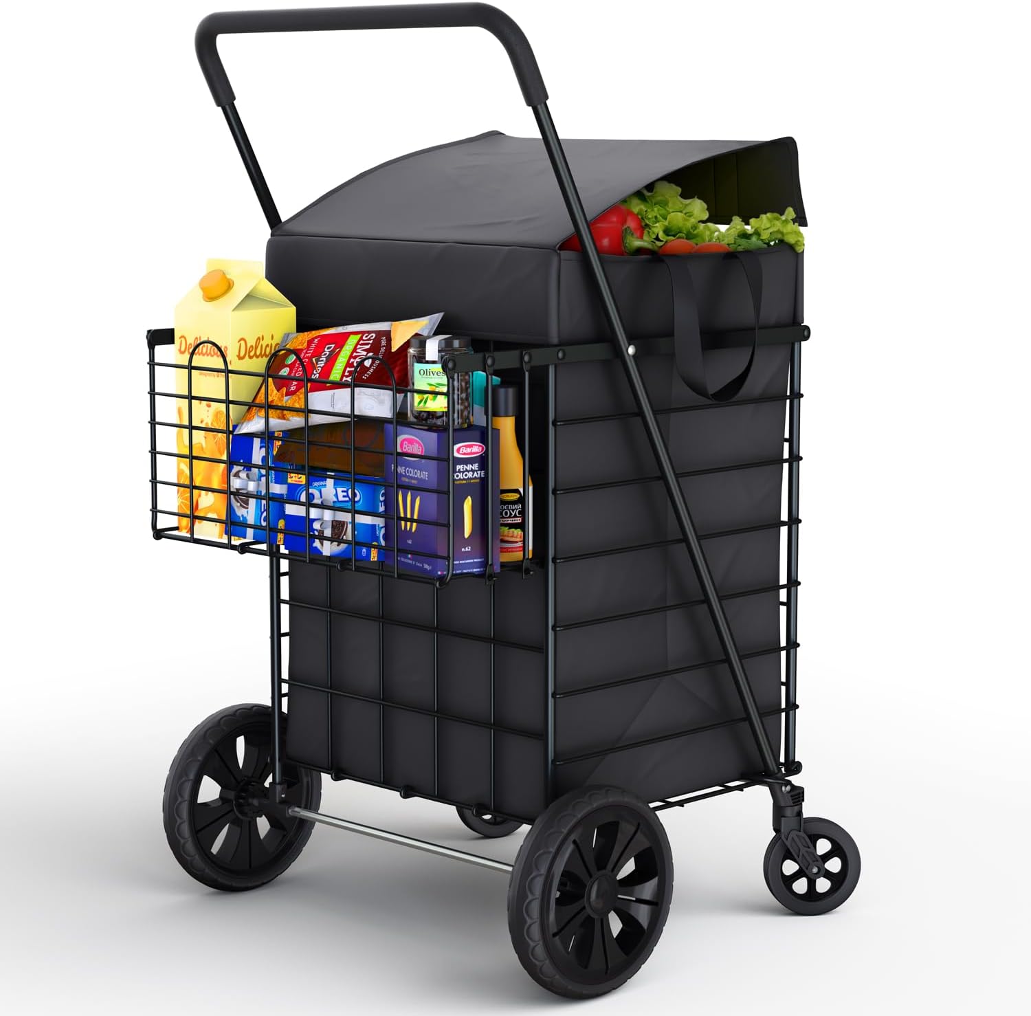 Amazon.com: Happygrill Folding Shopping Grocery Cart Metal Rolling Cart ...