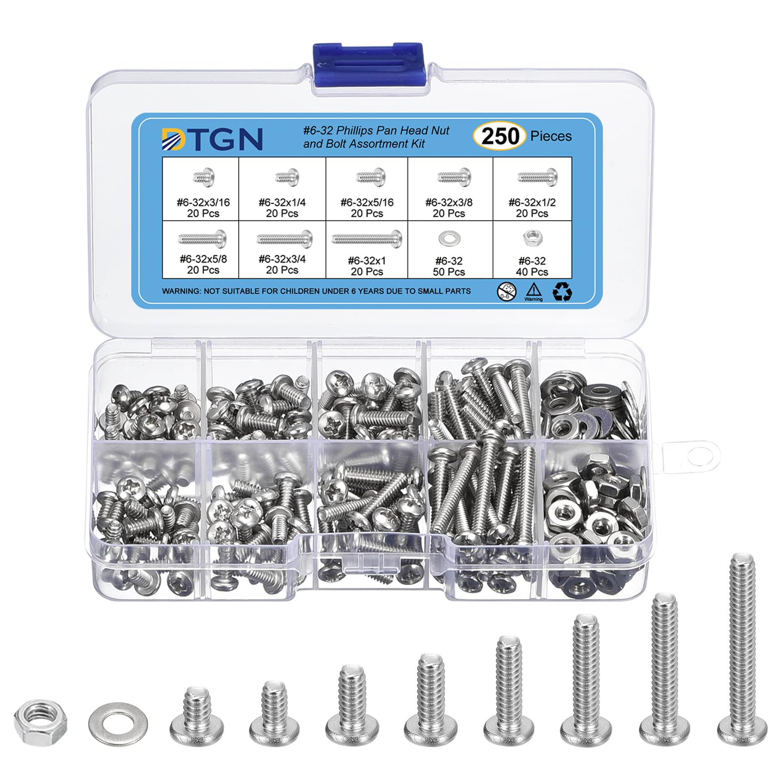 DTGN 250Pcs Machine Screws Assortment Kit, #6-32 Phillips Pan Head Nut ...