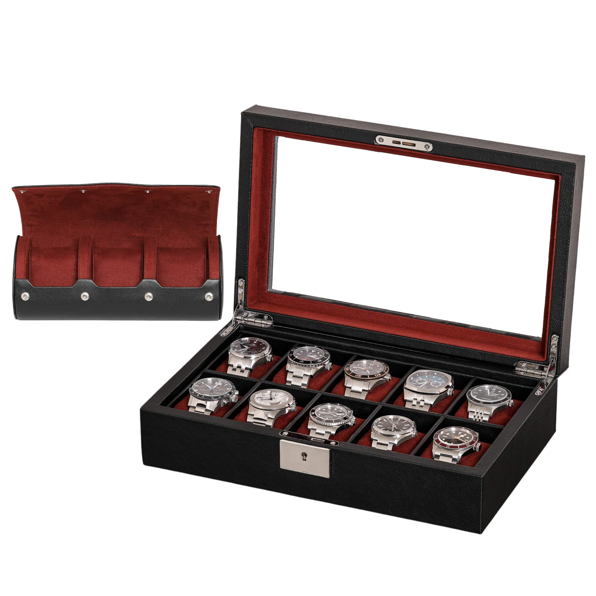 Amazon.com: 10 Slot Leather Watch Box with Matching 3 Slot Watch Roll ...
