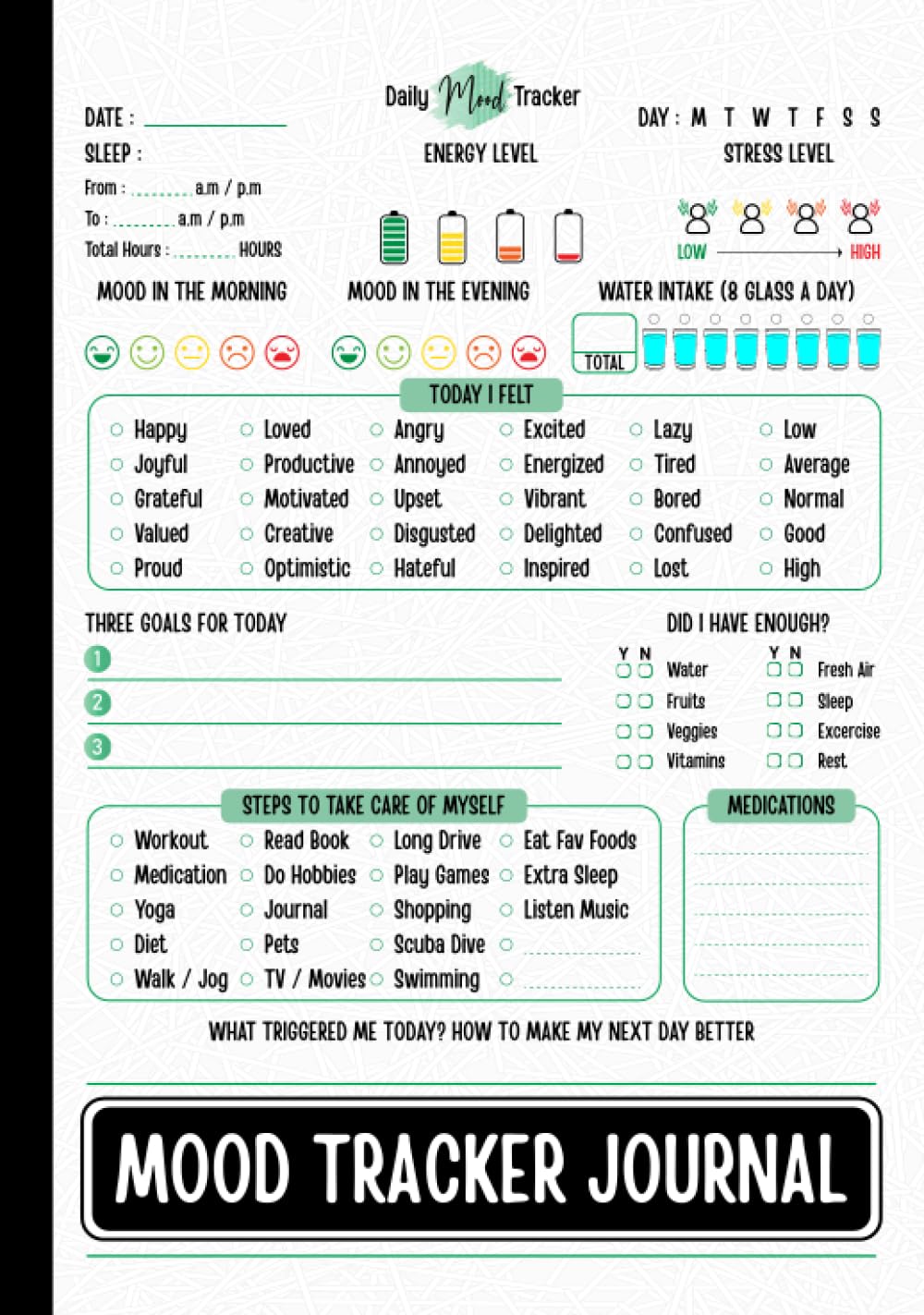 Mood Tracker Journal: Daily Wellness Dairy and Mental Health Workbook ...