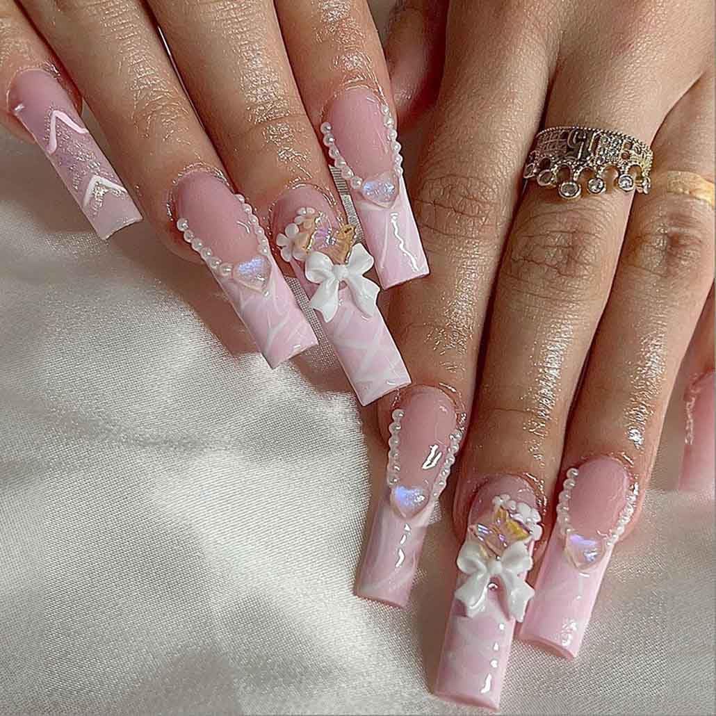 Amazon.com: Foccna Press on Nails Long Rhinestone Pink Fake Nails Black ...
