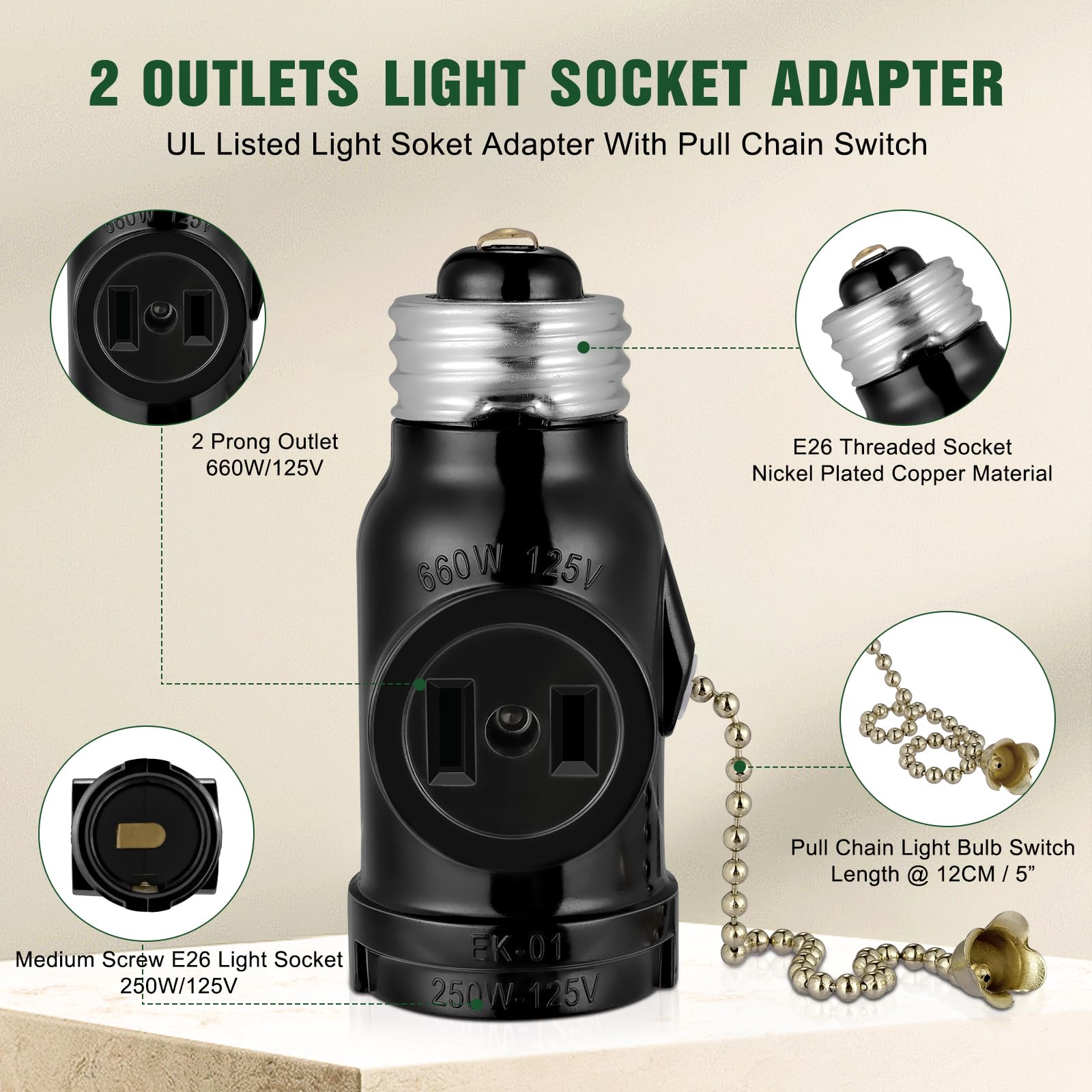 Snapklik.com : 2 Outlet Light Socket Adapter,E26 Bulb Socket To Outlet ...