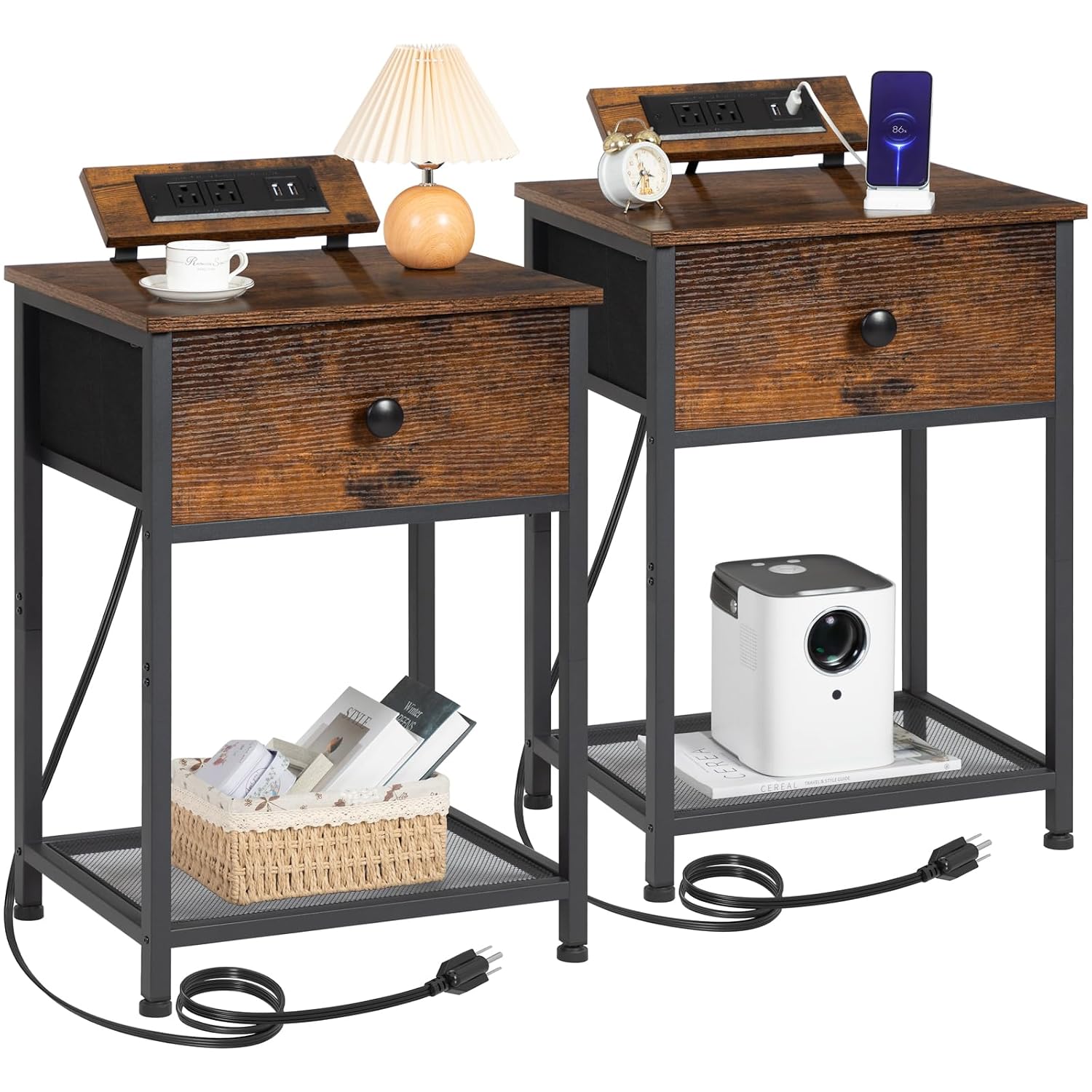 AMHANCIBLE Nightstands Set of 2, Small Night Stands with Charging ...