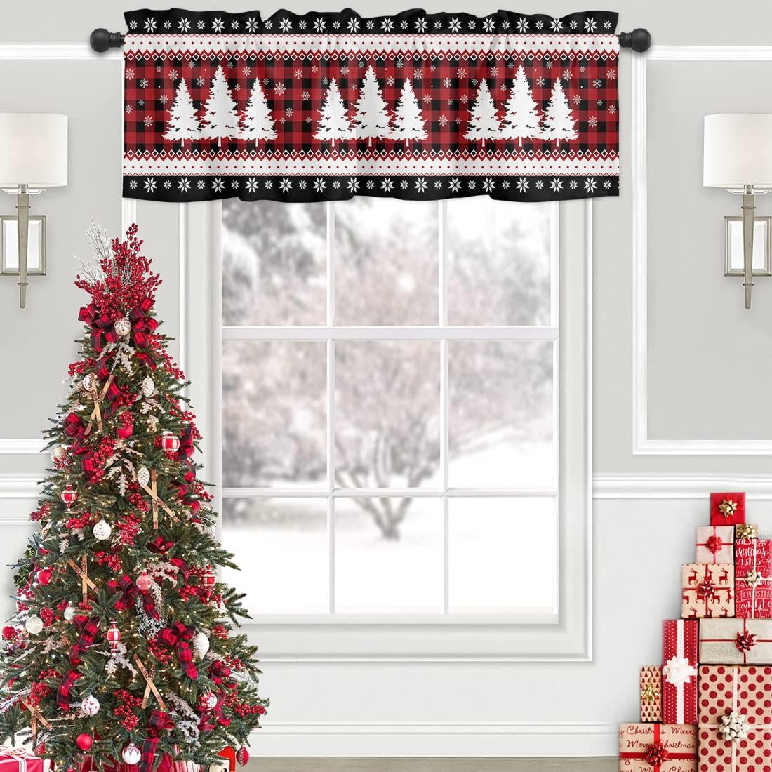 Amazon.com: Christmas Valances for Windows Red Black Xmas Tree Snow Rod ...