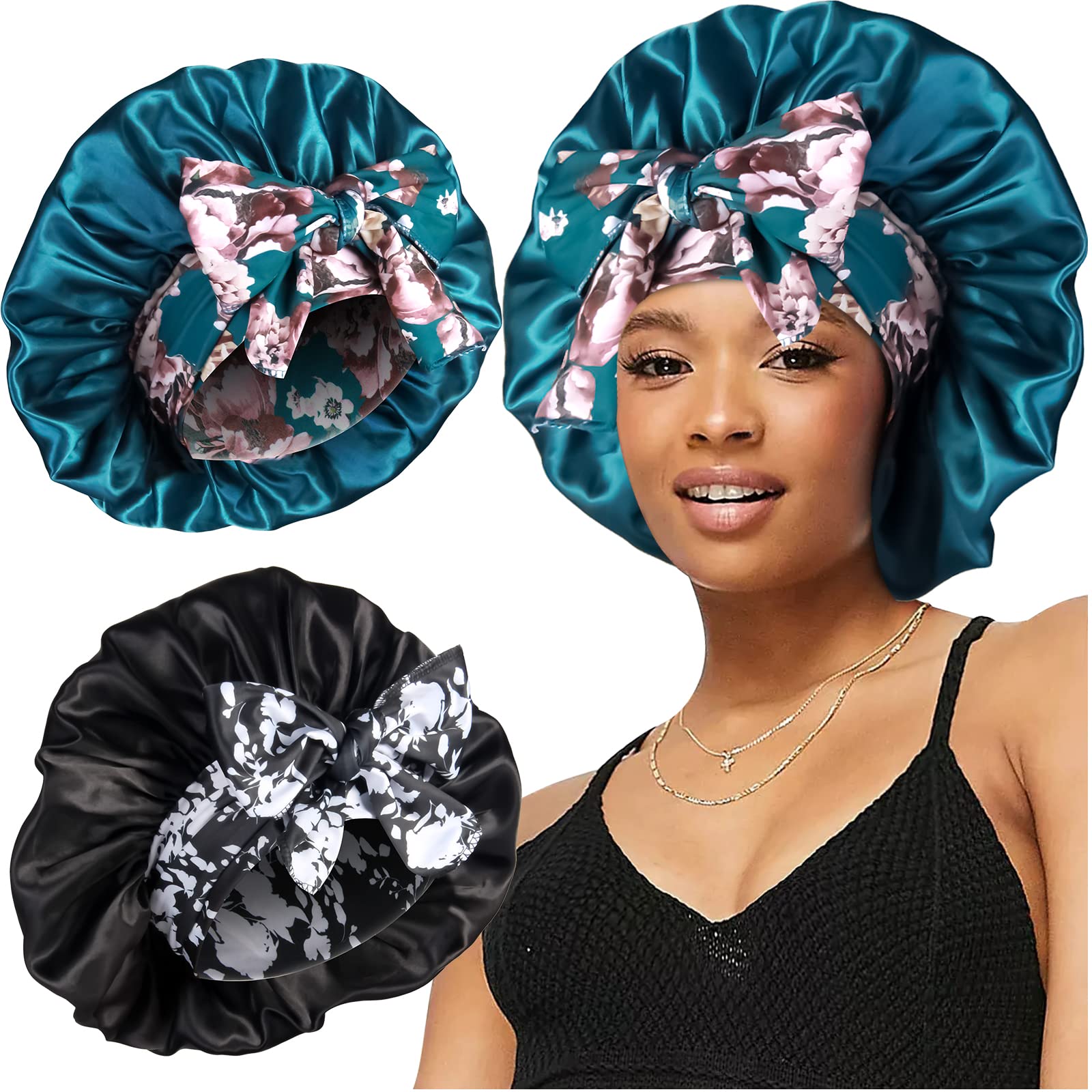2pcs Large Silky Bonnets with tie Band Braid Bonnet, Satin Bonnet for ...