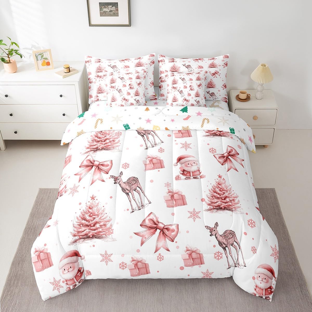 Feelyou Pink Christmas Comforter Set with Sheets Pink Bow Christmas ...
