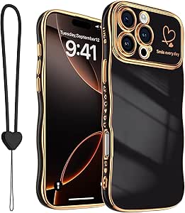 Amazon.com: for iPhone 16 Pro Max Case with Screen Protector, Wrist Strap, Women Cute Wave Frame ...