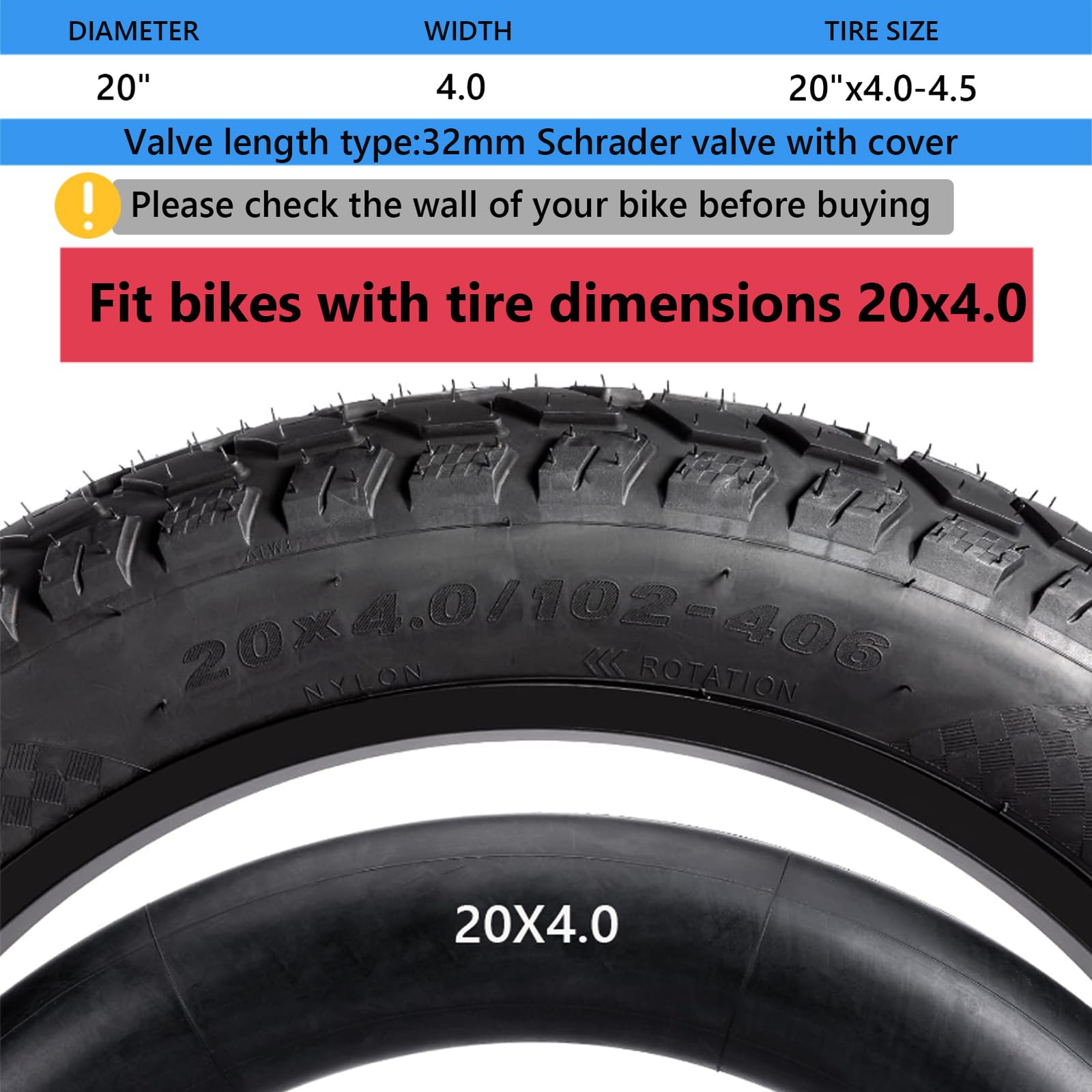 YHTSPORT 20 x 4.0 Fat Bike Tyre Tubes with Schrader Valve, 20 inch ...