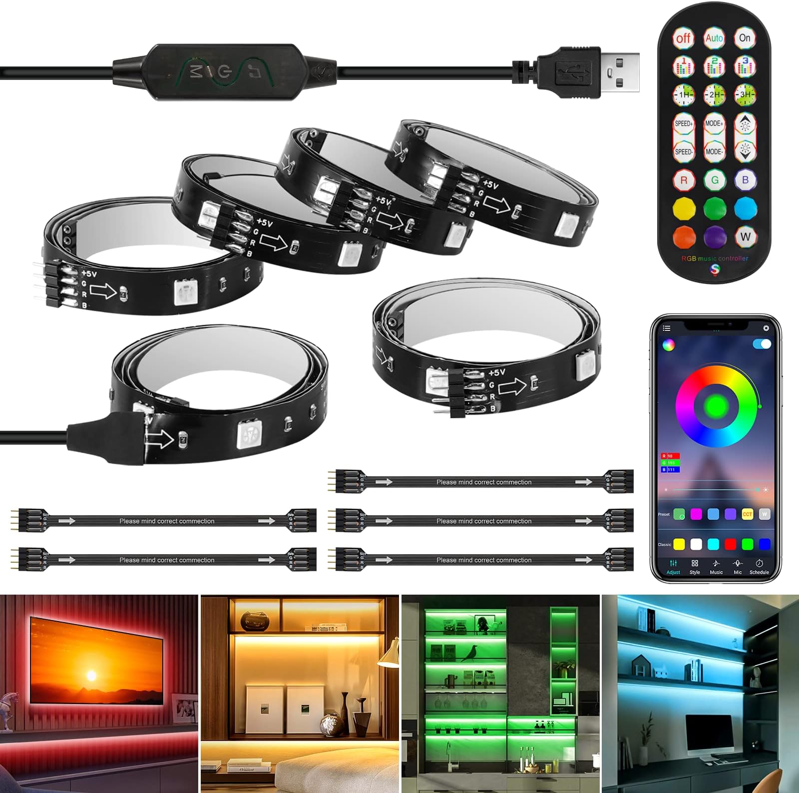 WOWLED Battery & USB 2 in 1 LED Strip Lights, 2 Pack 2m 60LED USB TV ...