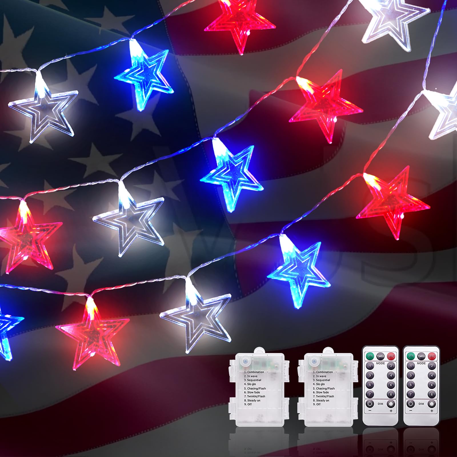 Amazon.com: Dirnun 4th of July Decorations Red White and Blue Lights ...