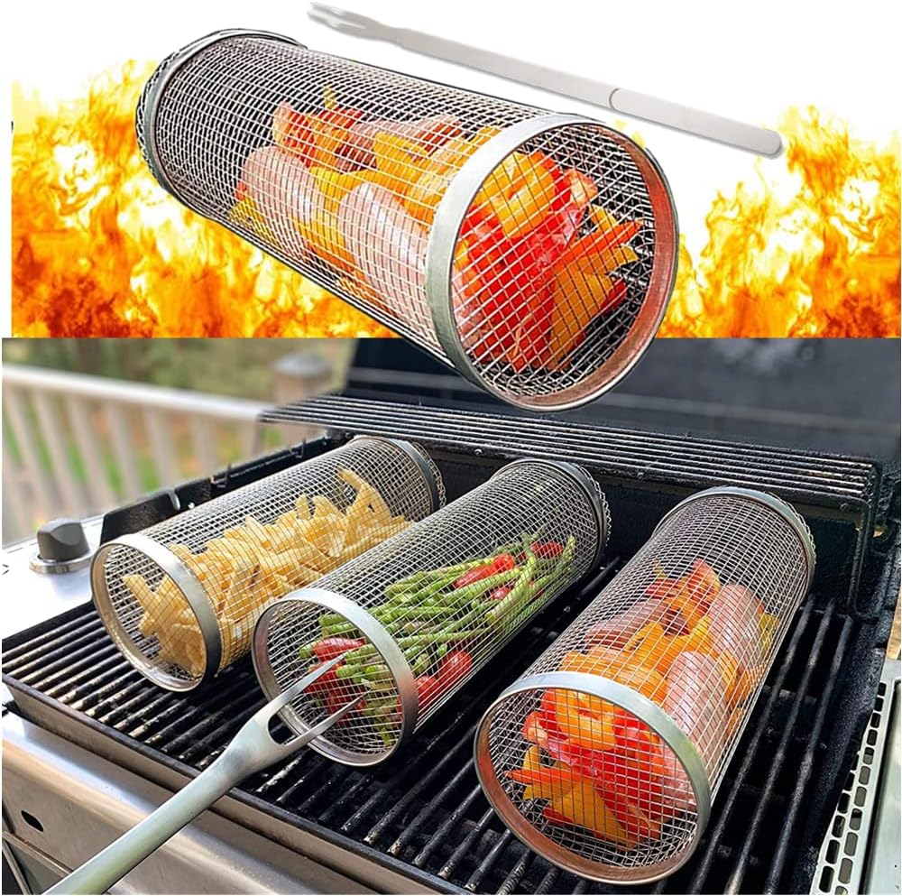 Amazon.com: Bomeiqee 1Pack Stainless Steel BBQ Grill Basket, Rolling ...