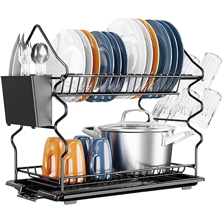 Averrex 2 Tier Dish Drainer Rack with Draining Board, Dish Drying Rack with Utensils Holder ...