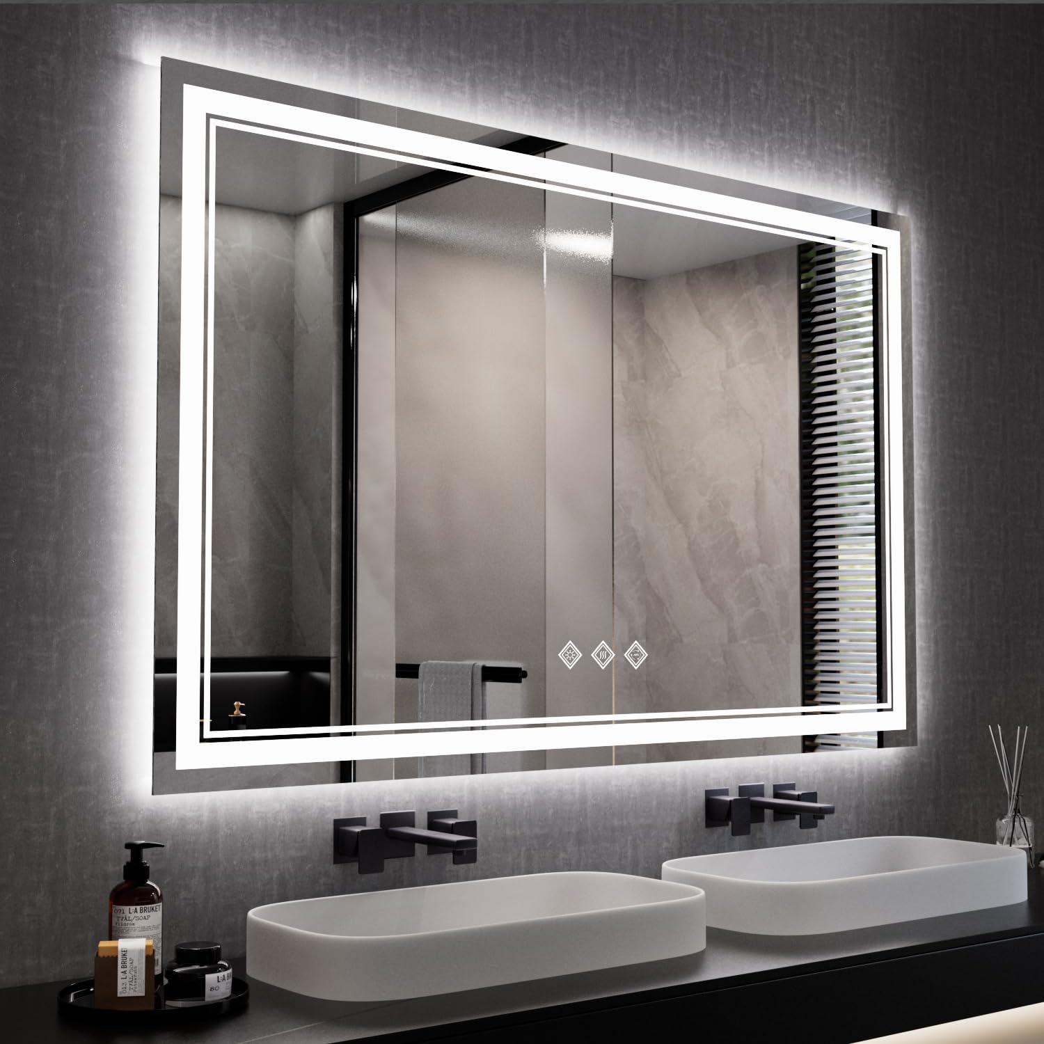 Bathroom Mirror, 55x36 Inch Gradient Front and Backlit Lighted Bathroom ...