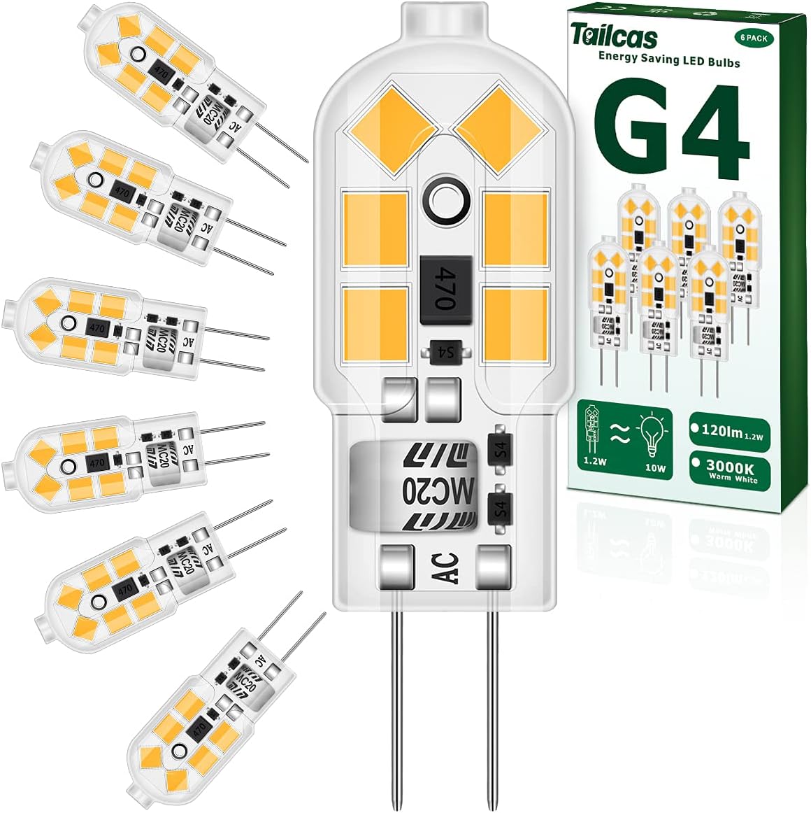 Tailcas G4 LED Bulbs 1.2W, AC/DC 12V, Warm White 3000K, Equivalent 10W G4 Halogen Lamp, 120LM ...