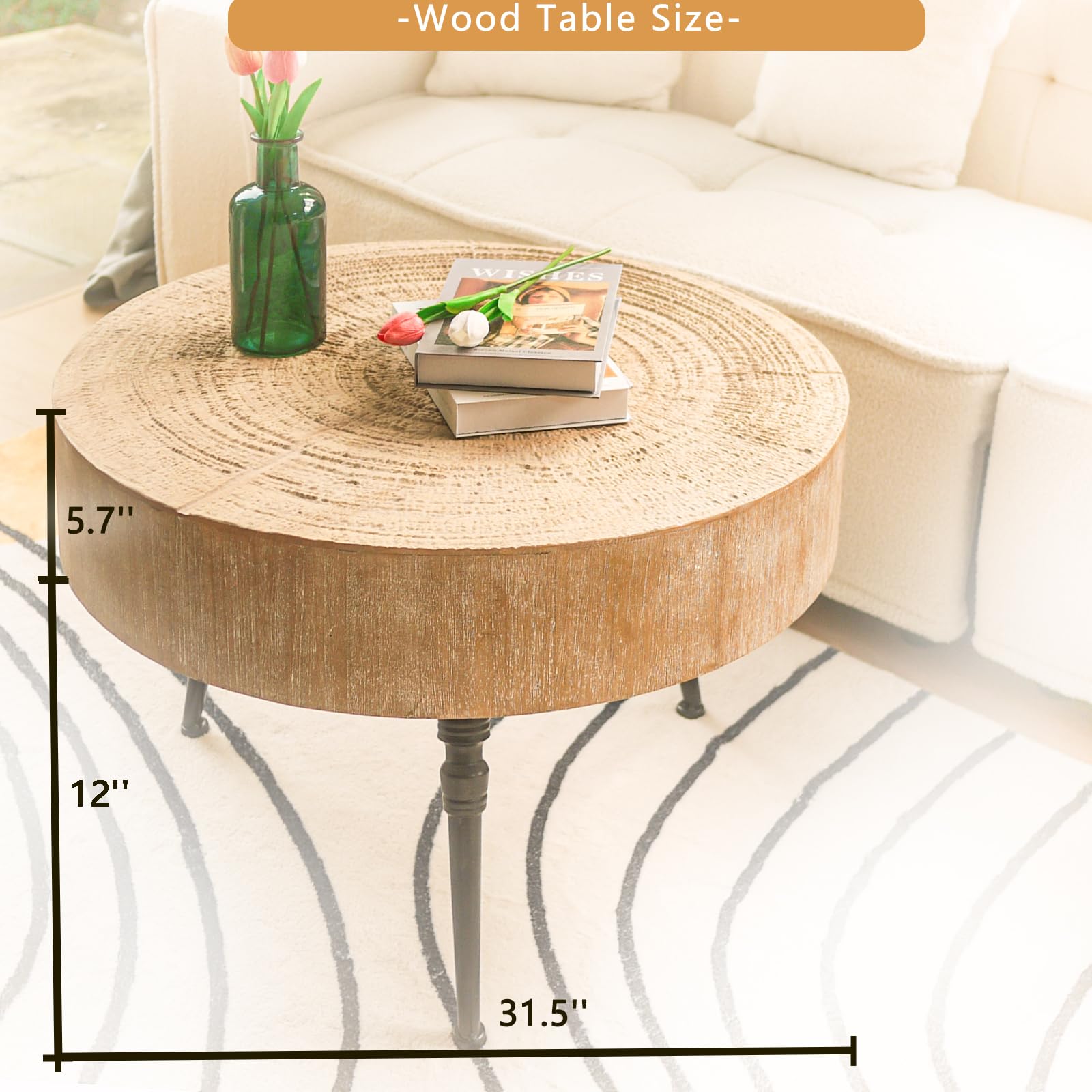 TIMBERMAVEN Farmhouse Round Coffee Table, Wooden Finish with Ring Motif ...
