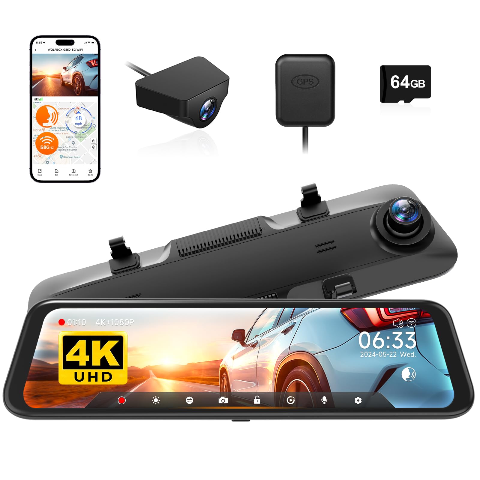 WOLFBOX G850 12" 4K Rear View Mirror Dash Cam Front and Rear with 5 ...