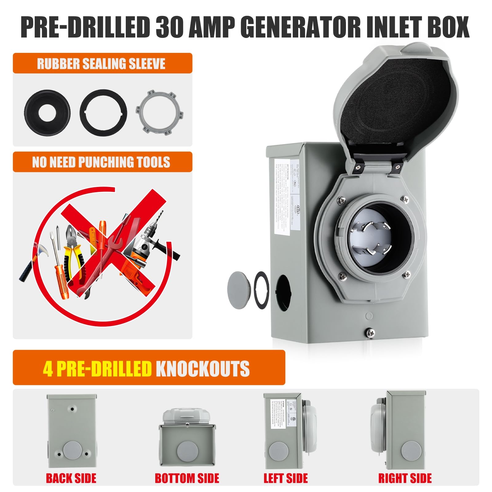 Snapklik.com : Kanayu Pre-Drilled 30 Amp Generator Inlet Box, NEMA L14 ...