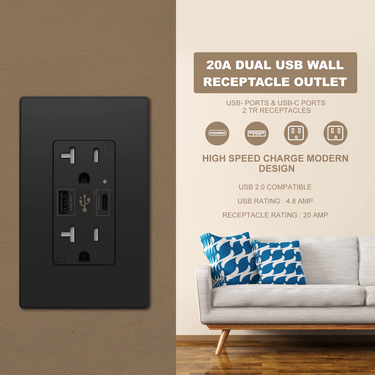 Snapklik.com : Micmi USB C Outlet PD 24W Power Delivery Type C + A Receptacle 48A, Receptacle ...