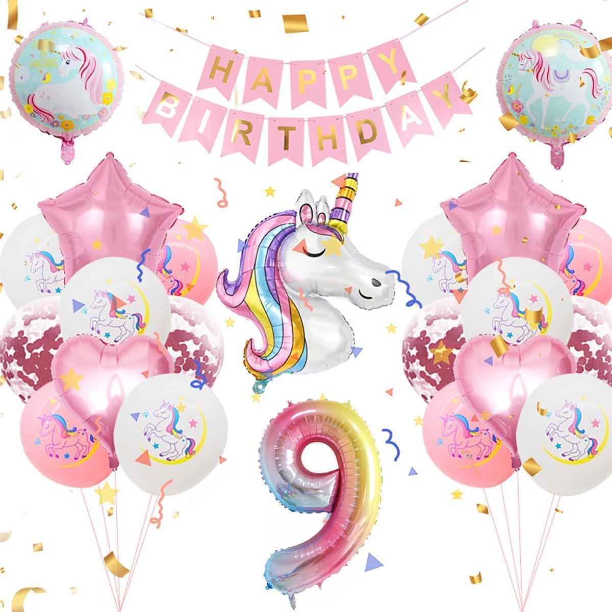 Amazon.com: Unicorn 9th Birthday Party Decorations for Girls, 9 years ...