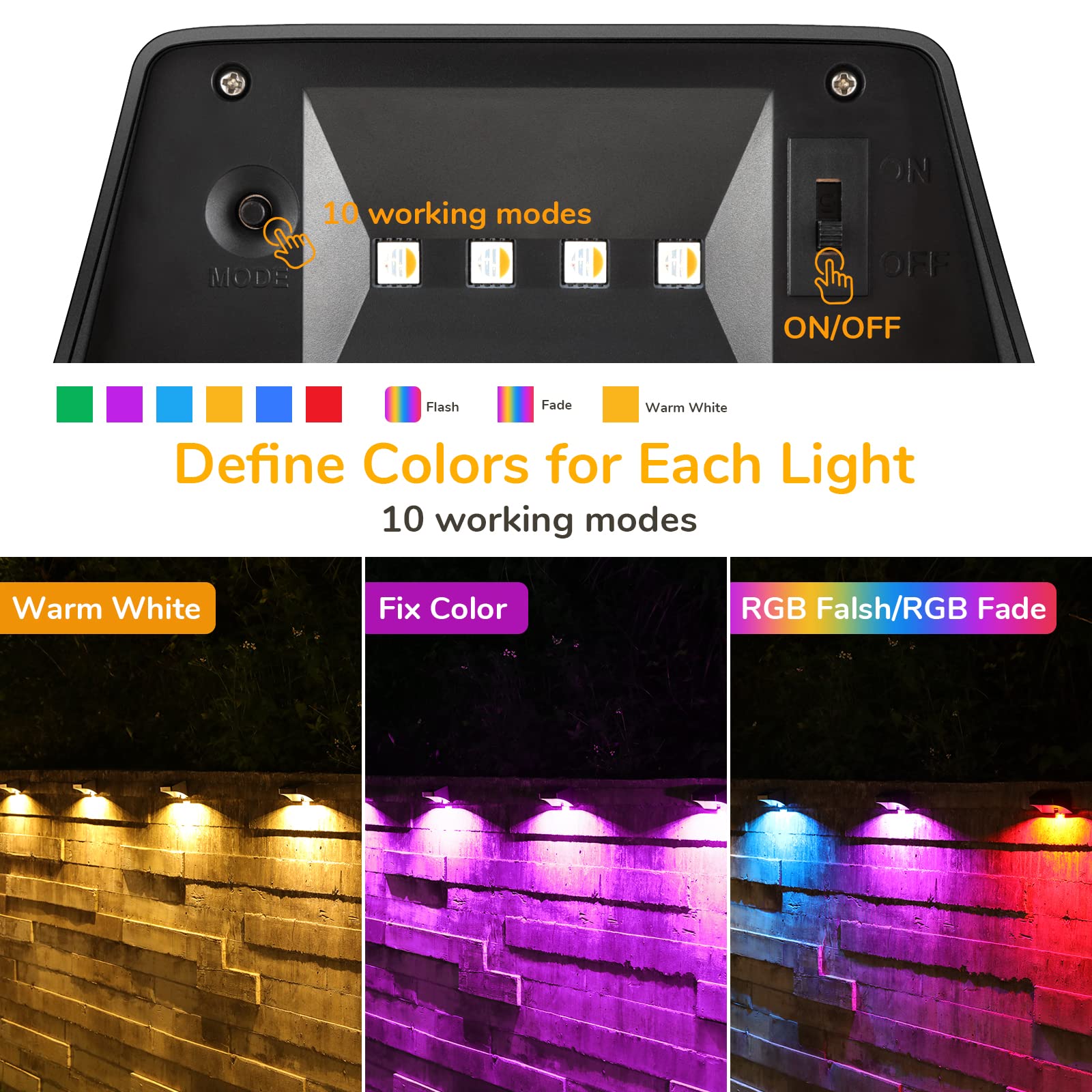 Snapklik.com : Solar Fence Lights Warm White & RGB Lock Mode 8Pack, 10 ...