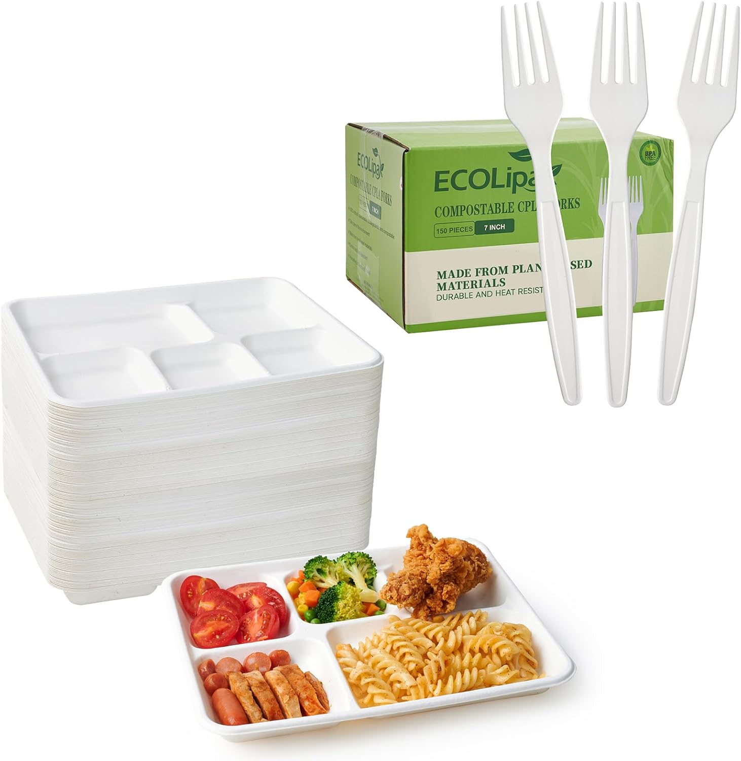 Amazon.com: ECOLipak 100% Compostable 125 Pack 5 Compartment Disposable ...