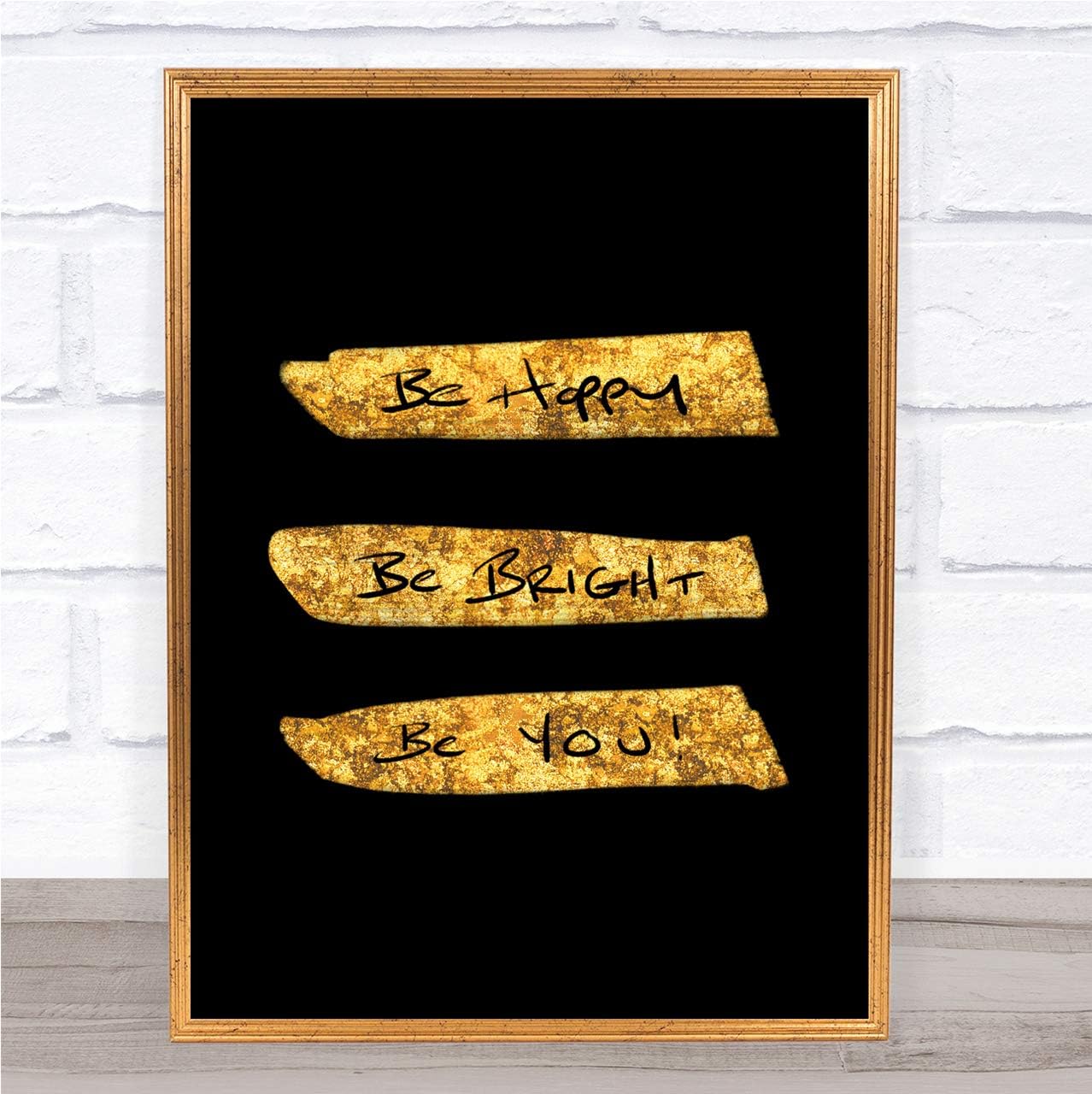 Amazon.com: Be Happy Bright Quote Print Black & Gold Wall Art Picture ...