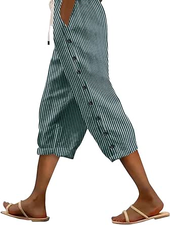 Striped Pants Women Linen Capris for Women Summer Wide Leg Loose ...
