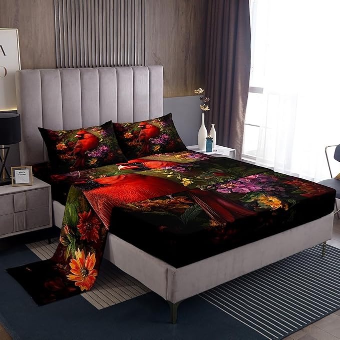 Amazon.com: jejeloiu Red Bird Bed Sheets Set Full Size Cardinal Bird ...