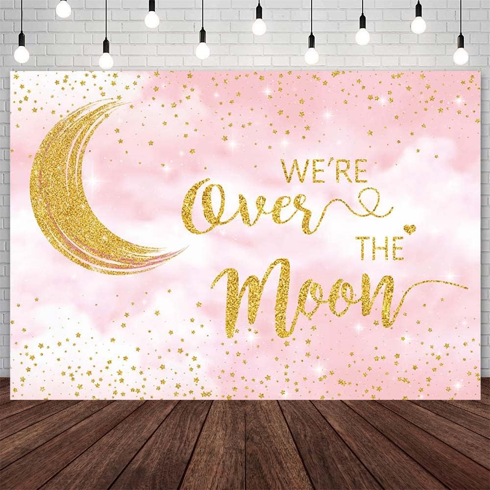 Amazon.com : Mocsicka We are Over The Moon Baby Shower Backdrop Pink ...