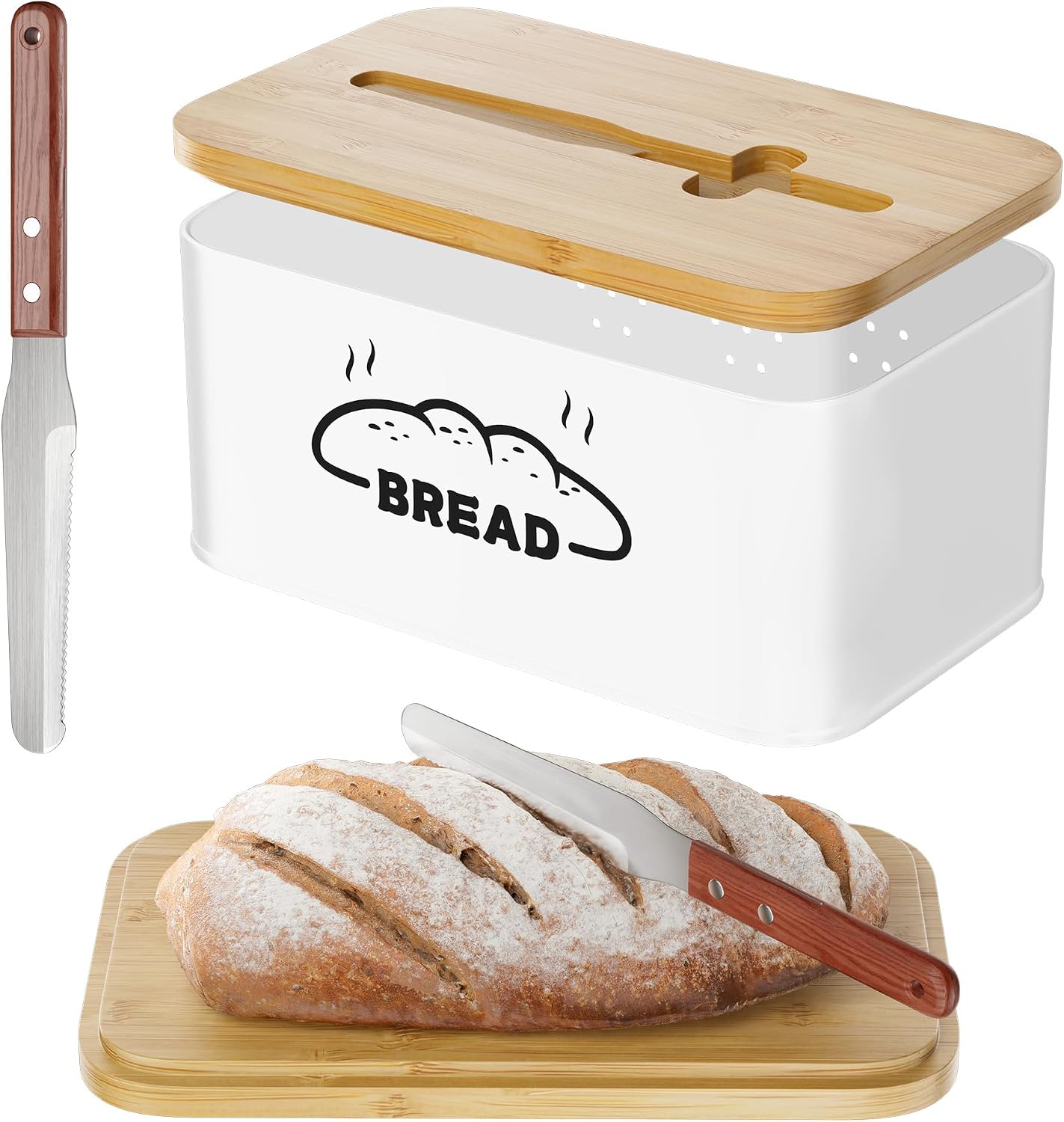 COCASES Bread Bin with Knife for Kitchen 2-IN-1 Steel Bread Box Basket ...