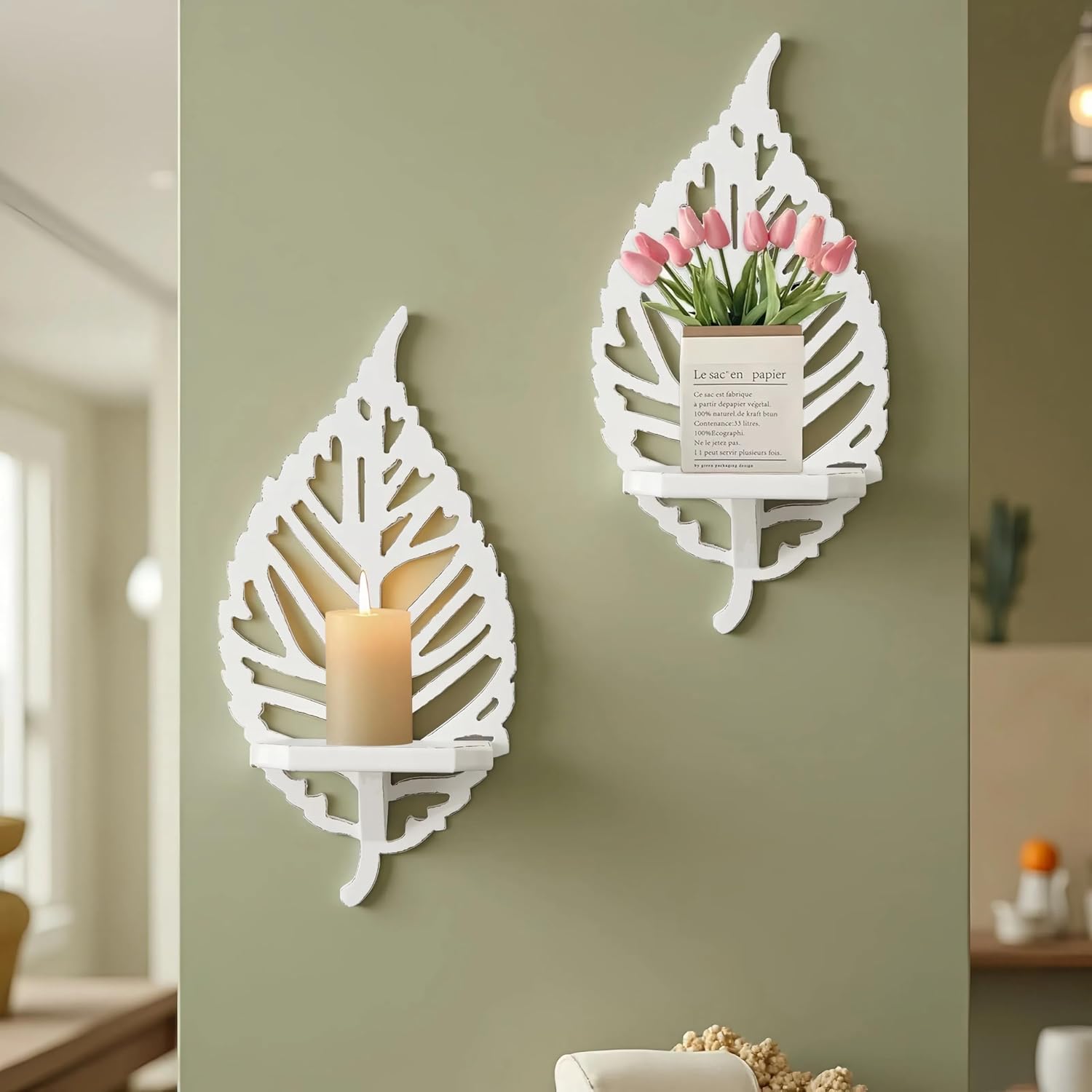 Amazon.com: SOFE Wood White Candle Sconces Set of 2, Decorative Leaf ...