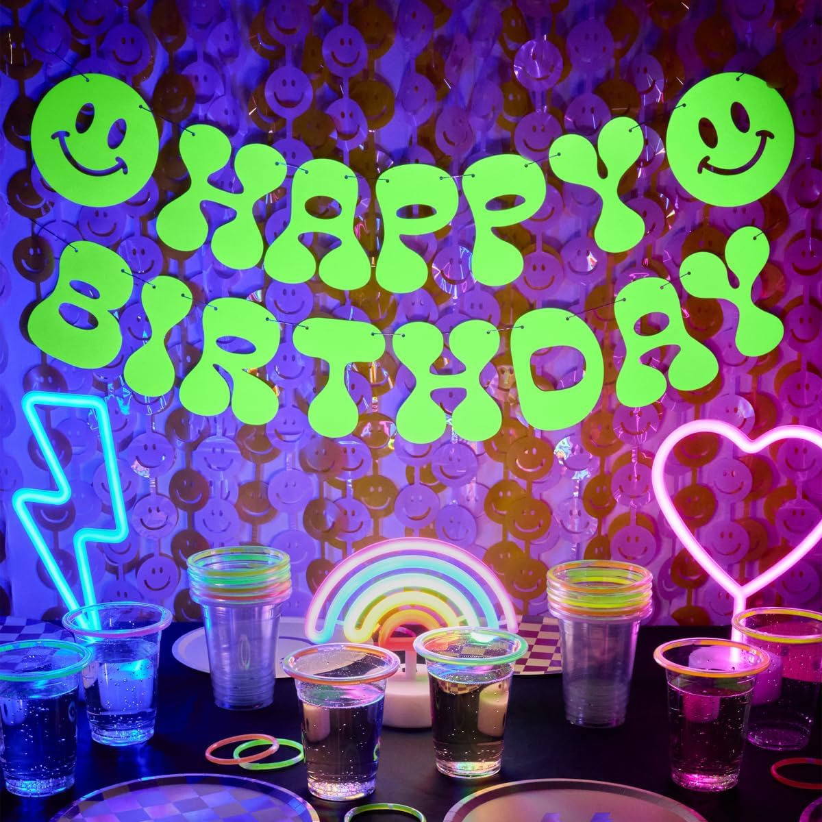 Amazon.com: xo, Fetti Happy Birthday Smiley Rave Banner - Neon, 5 Ft ...