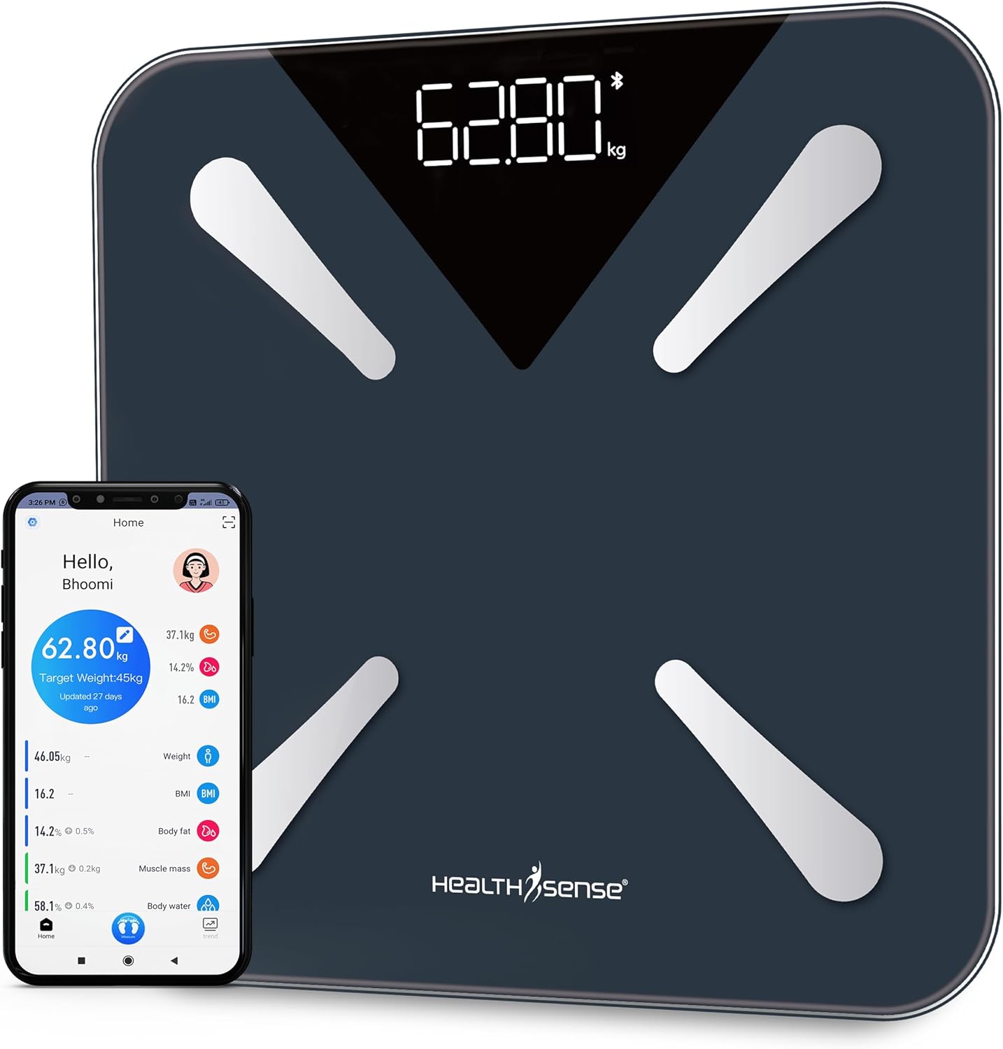 HealthSense Bluetooth BMI Weight Machine for Body Weight, Digital Body ...